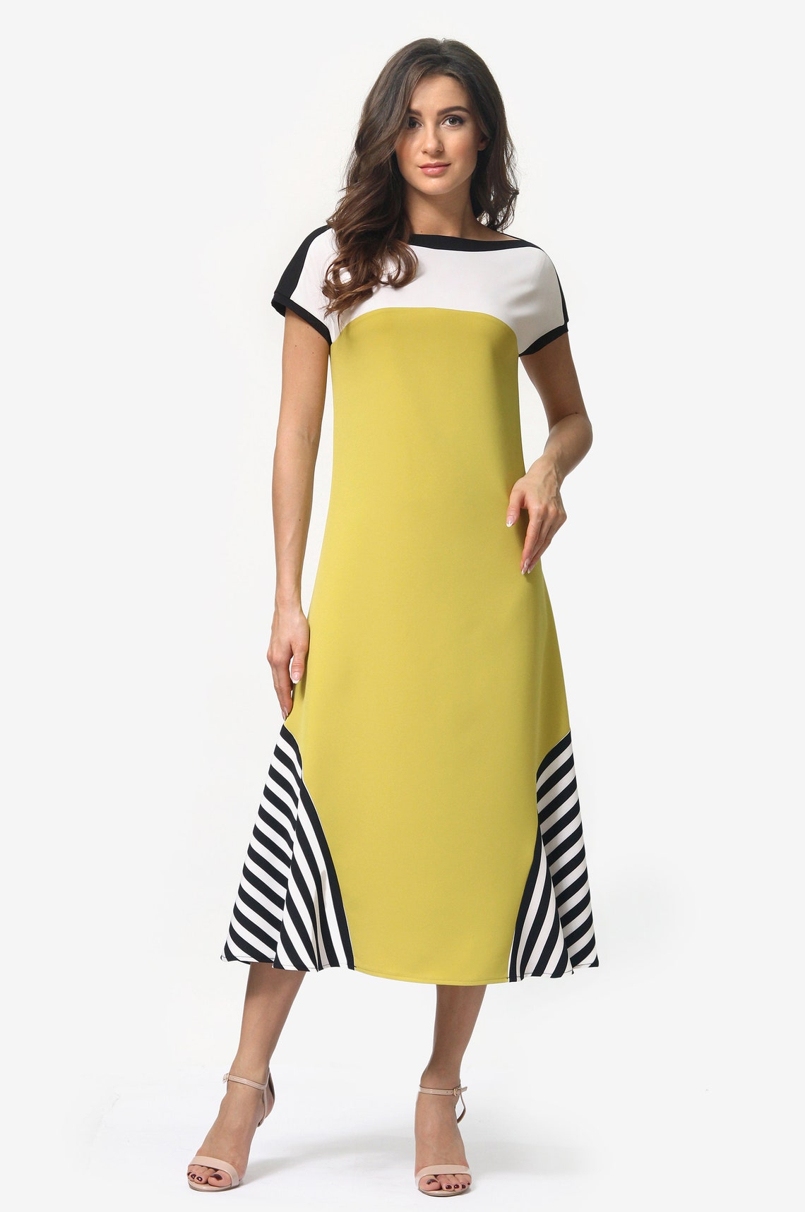 A-line Viscose Blend Dress: Black, White, Striped Panel - Etsy