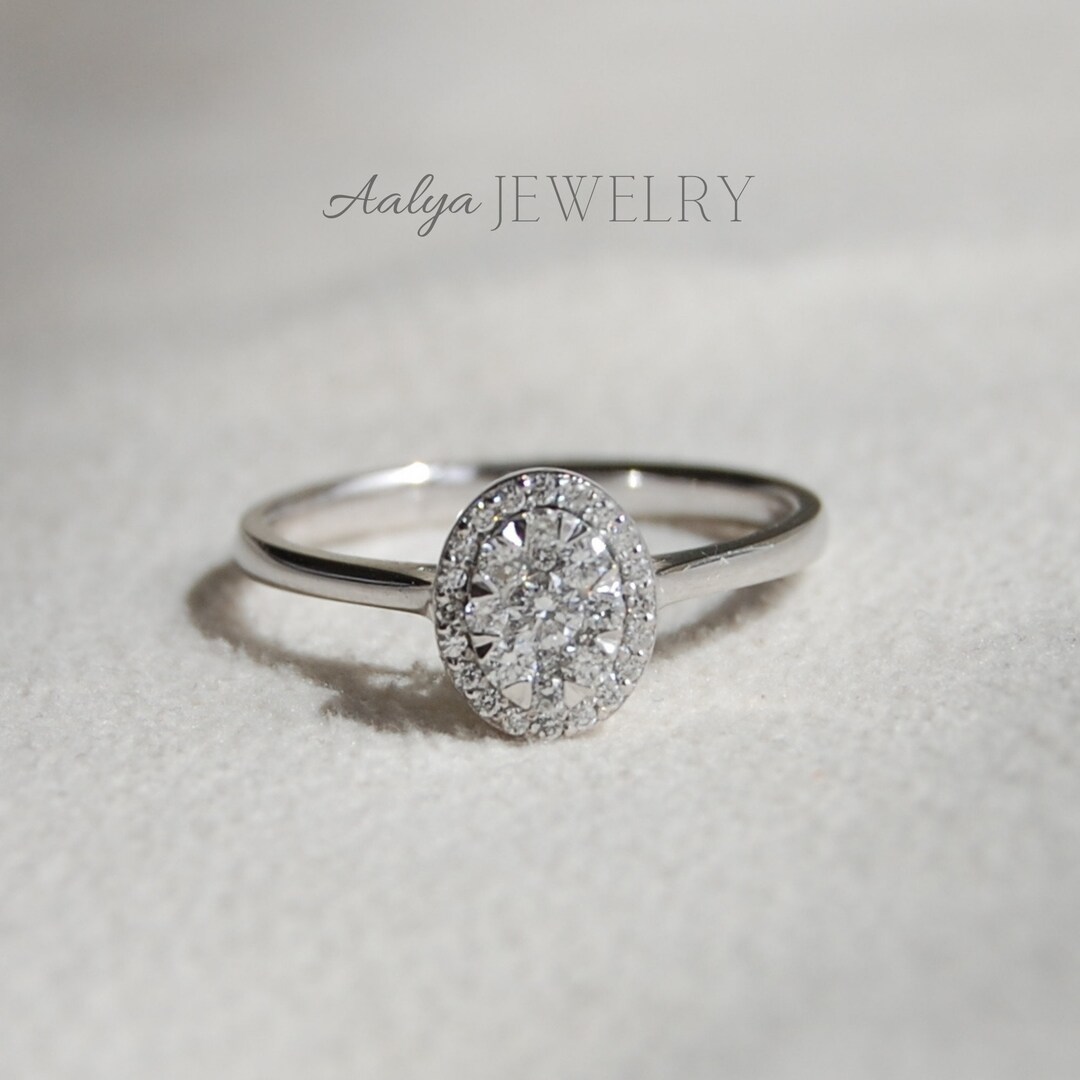 8K Solid Gold Oval Shape Engagement Ring, Dainty Genuine Diamond Ring ...