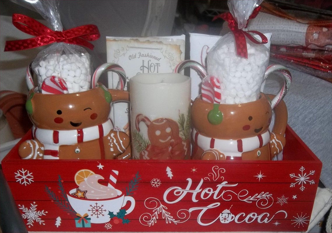 Hot Cocoa Box Gift Basket 2 Mugs Peppermint Spoon Marshmallows Candy ...
