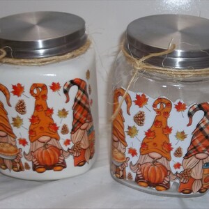 2 Fall Autumn Gnome Leaves Candy Treat Jars Candy Dishes Set of 2 Glass ...