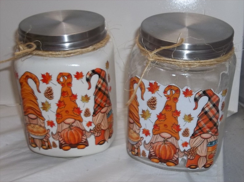 2 Fall Autumn Gnome Leaves Candy Treat Jars Candy Dishes Set of 2 Glass ...