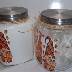 2 Fall Autumn Gnome Leaves Candy Treat Jars Candy Dishes Set of 2 Glass ...