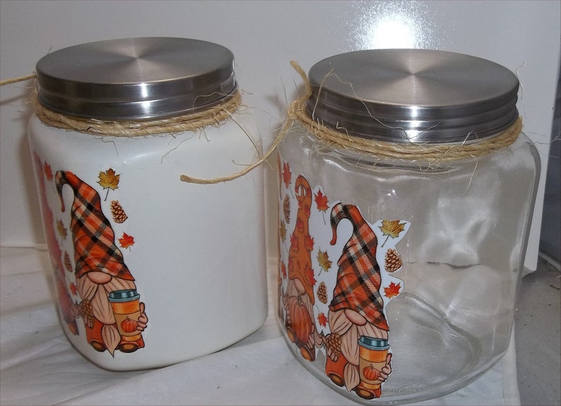 2 Fall Autumn Gnome Leaves Candy Treat Jars Candy Dishes Set of 2 Glass ...