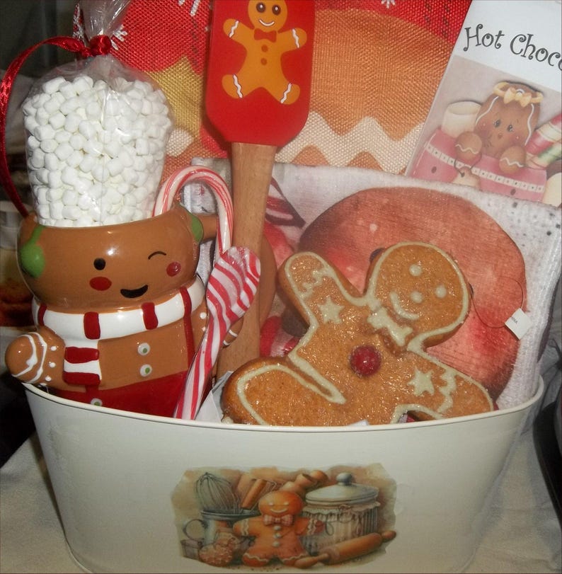 Gingerbread Gift Basket Mug Hot Coco Spoon Marshmallow Candy Cane Apron ...