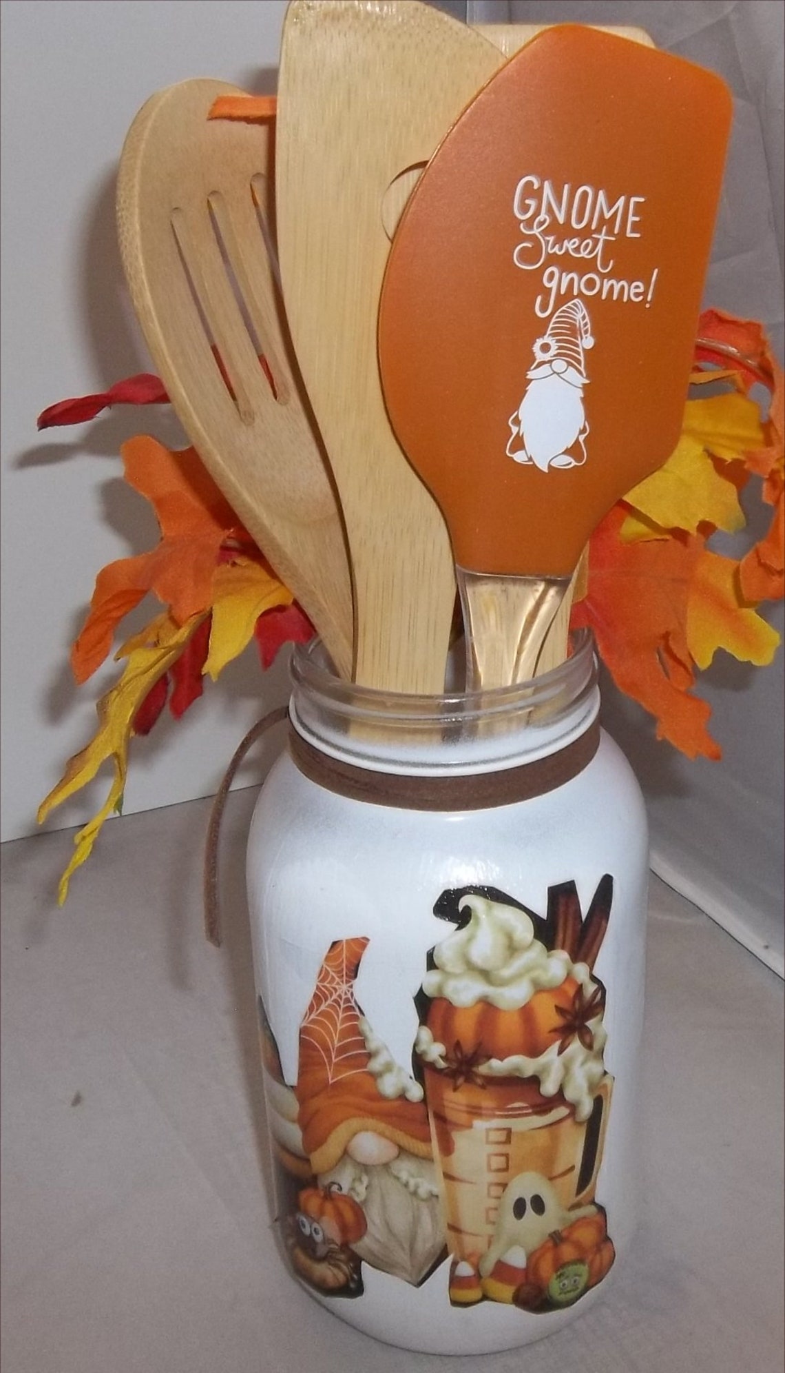5 Pc Gnome Decorated Quart Mason Jar Pint Wood Spoons Spoon Sunflower ...