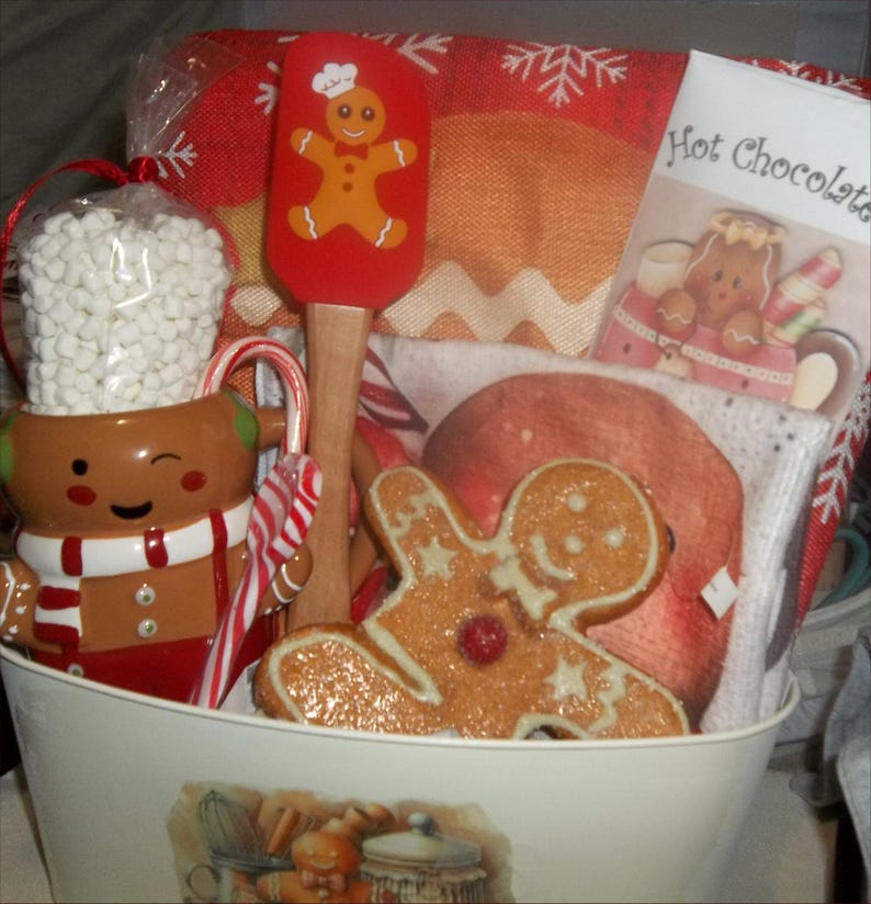 Gingerbread Gift Basket Mug Hot Coco Spoon Marshmallow Candy Cane Apron ...