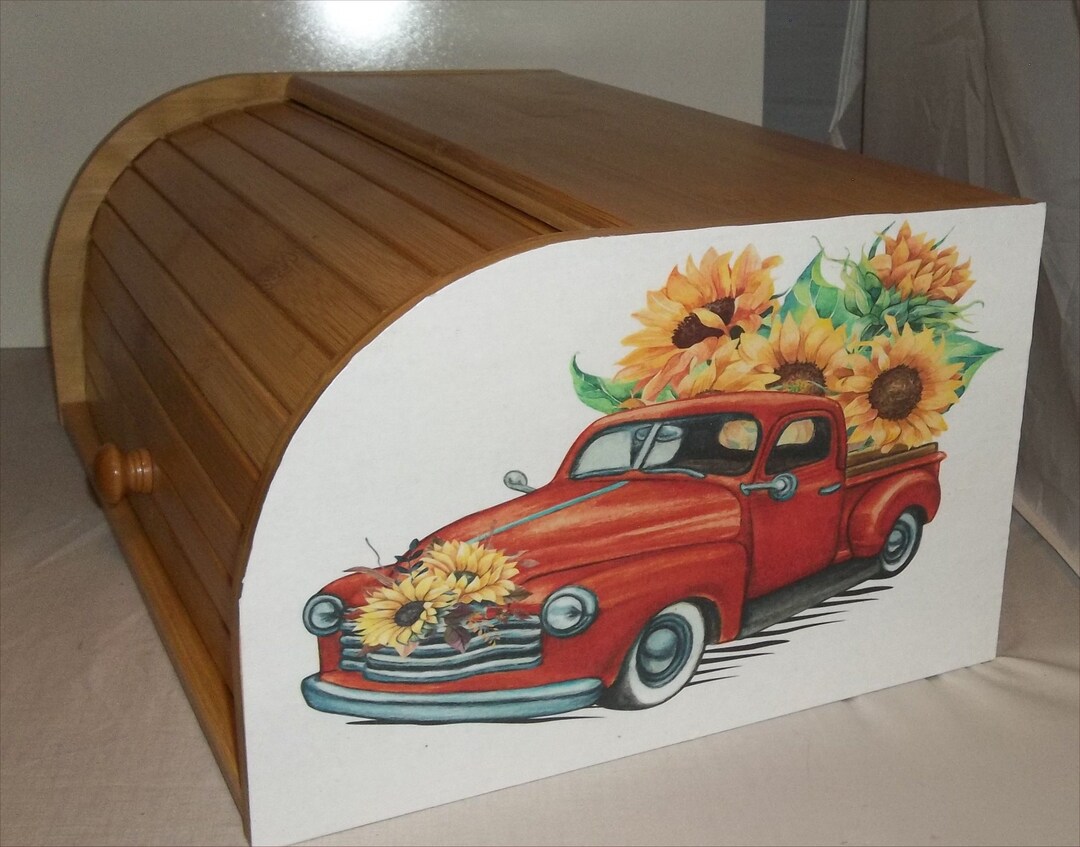 Red Truck Bread Box Bamboo Wood Sunflowers Kitchen Country Decorative ...