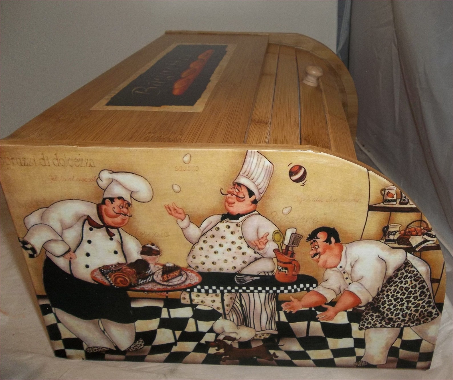 Fat Chef Bread Box Bamboo Waiter Kitchen Roll Top Bistro Home Decor ...