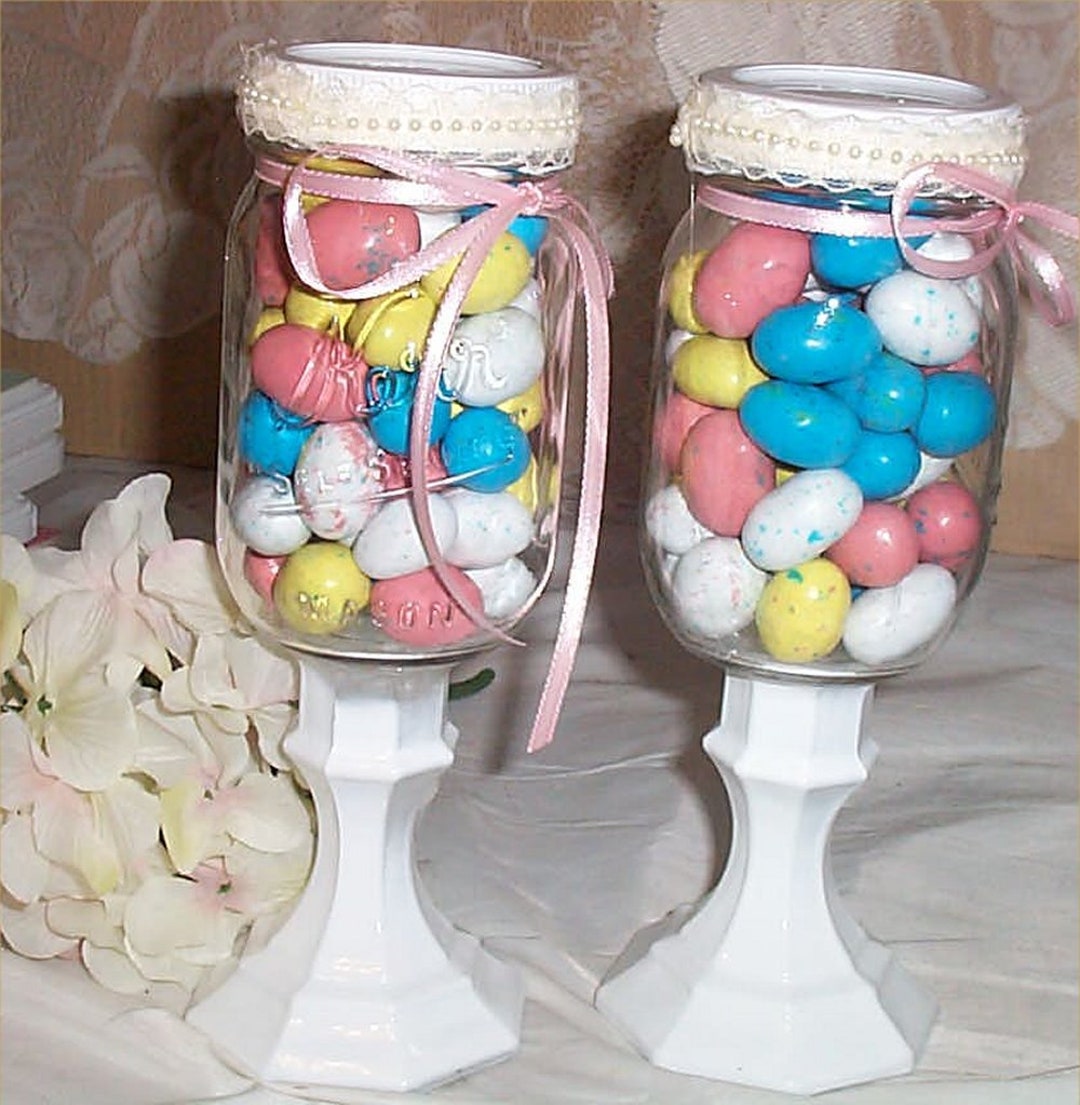 Mason Jar Pedestal White Candy Easter Any Holiday Decor Spring Pearls ...