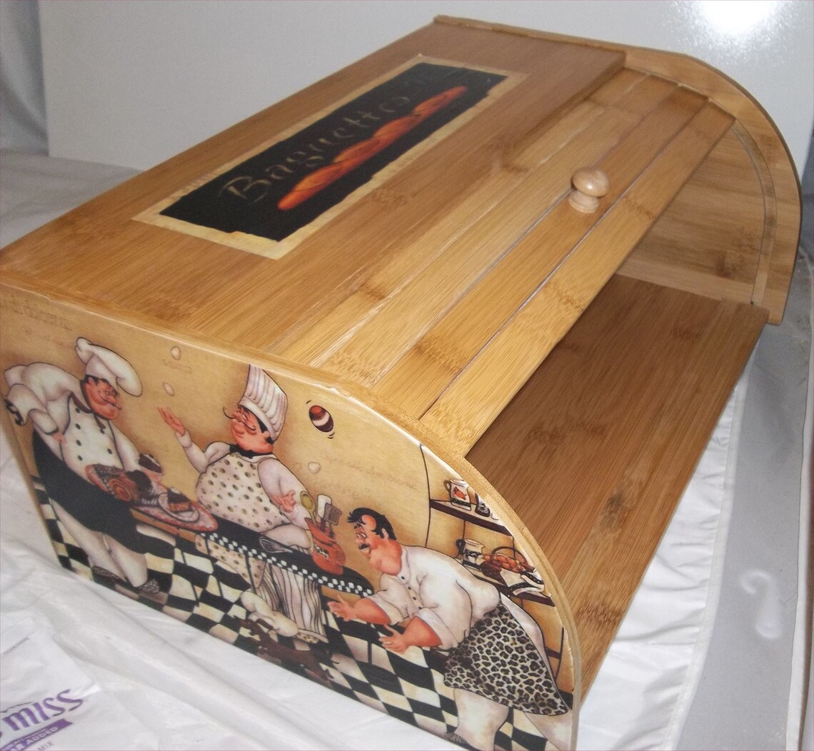 Fat Chef Bread Box Bamboo Waiter Kitchen Roll Top Bistro Home Decor ...
