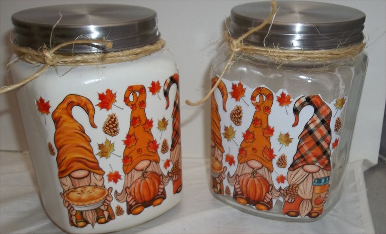 2 Fall Autumn Gnome Leaves Candy Treat Jars Candy Dishes Set of 2 Glass ...
