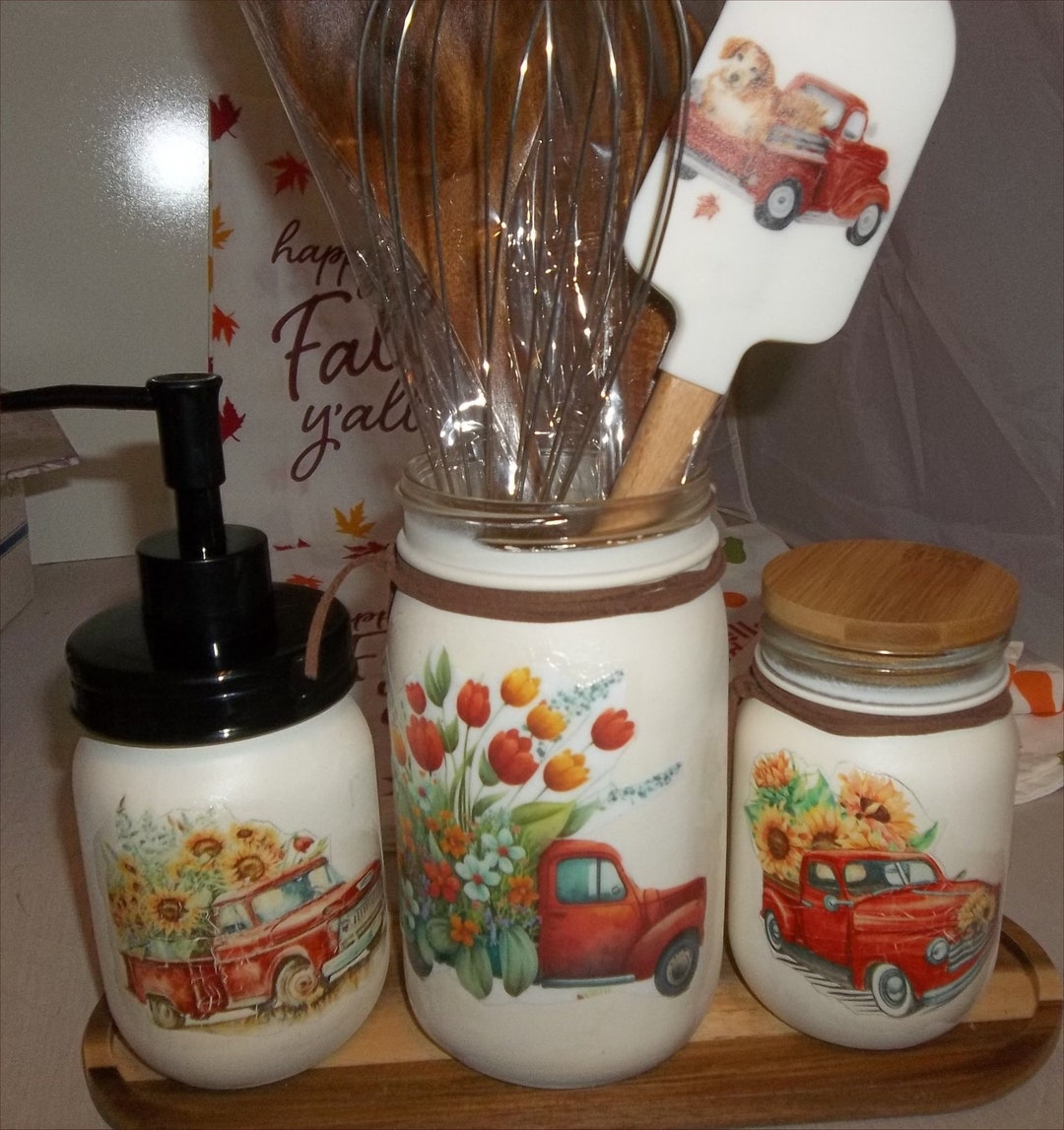 8 Pc Truck Decorated Quart Mason Jar Pint Acacia Spoons Spoon Sunflower ...