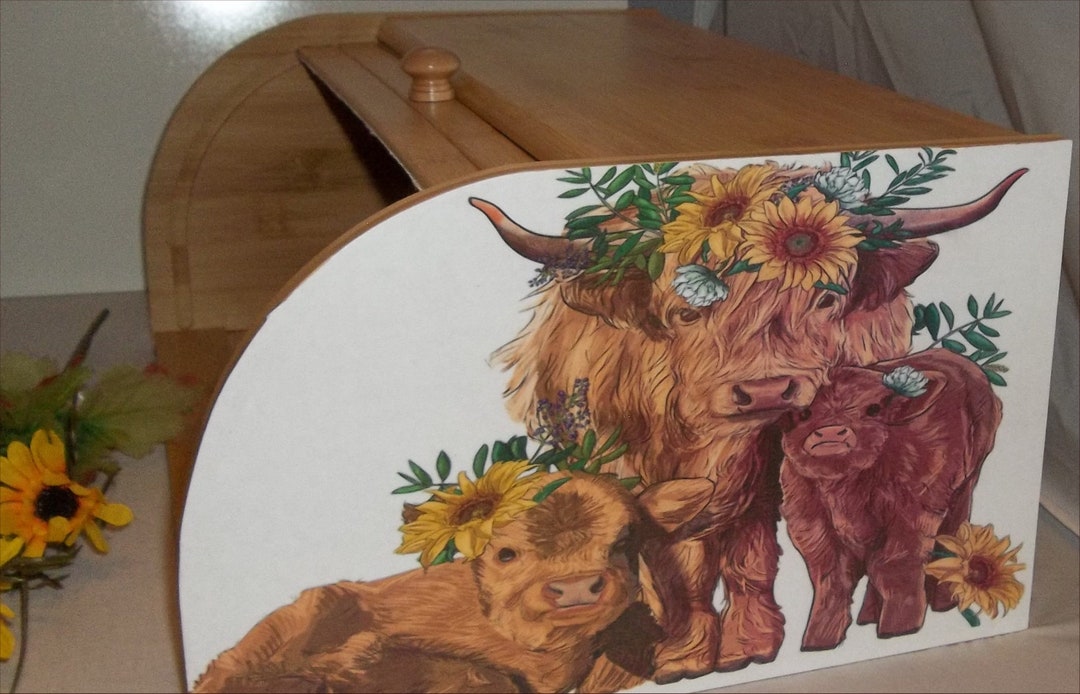 Bamboo Highland Cow Bread Box Handcrafted Country Lodge Kitchen Cabin ...