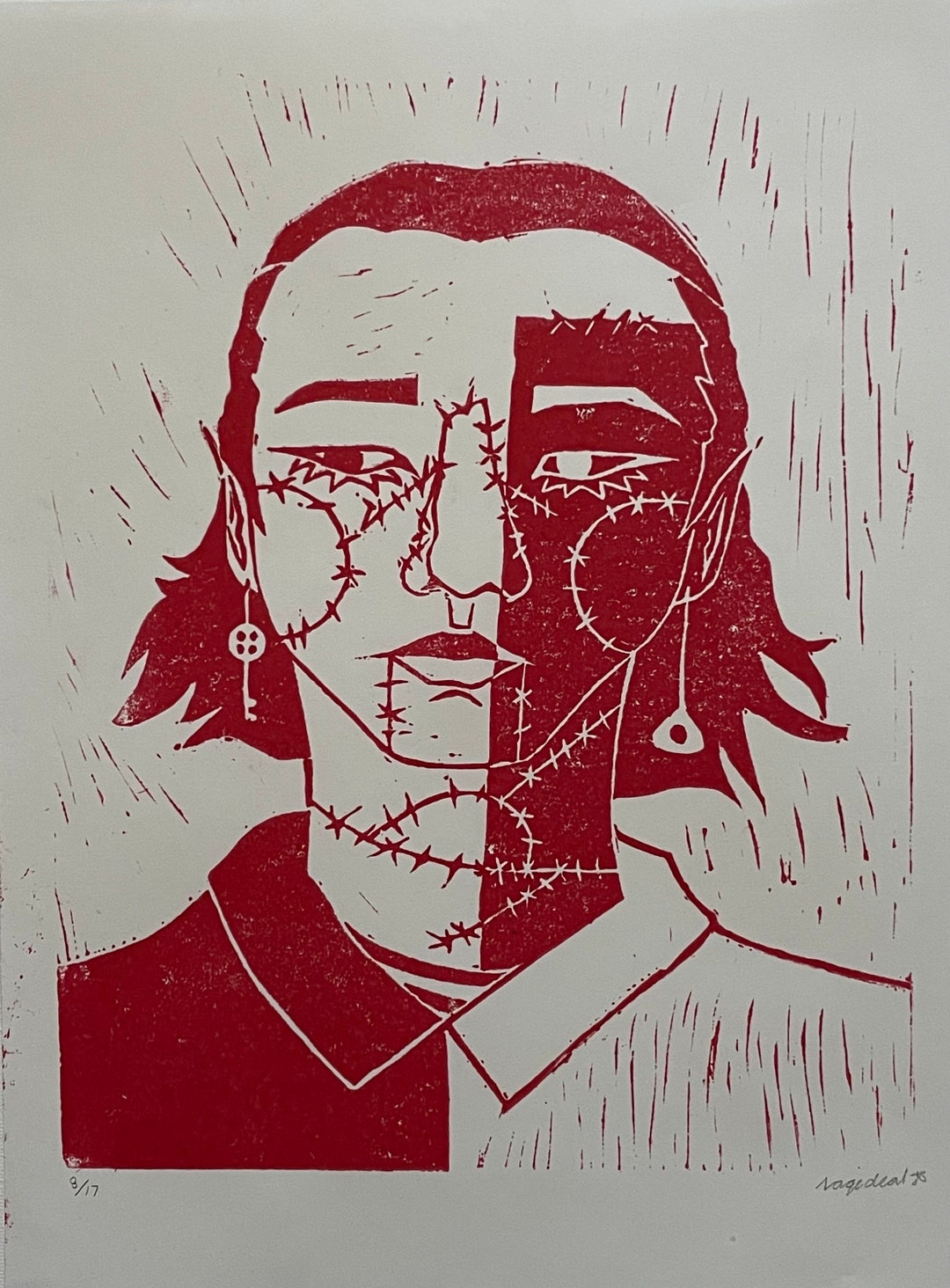 Stitches Portrait Linocut Print (white) - Etsy