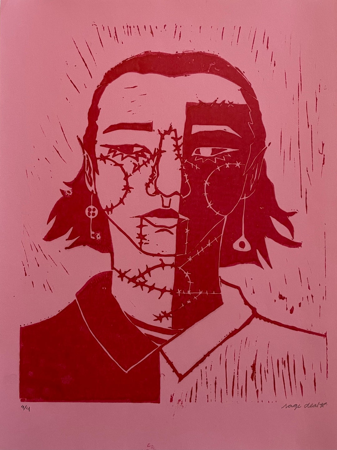 Stitches Portrait Linocut Print - Etsy