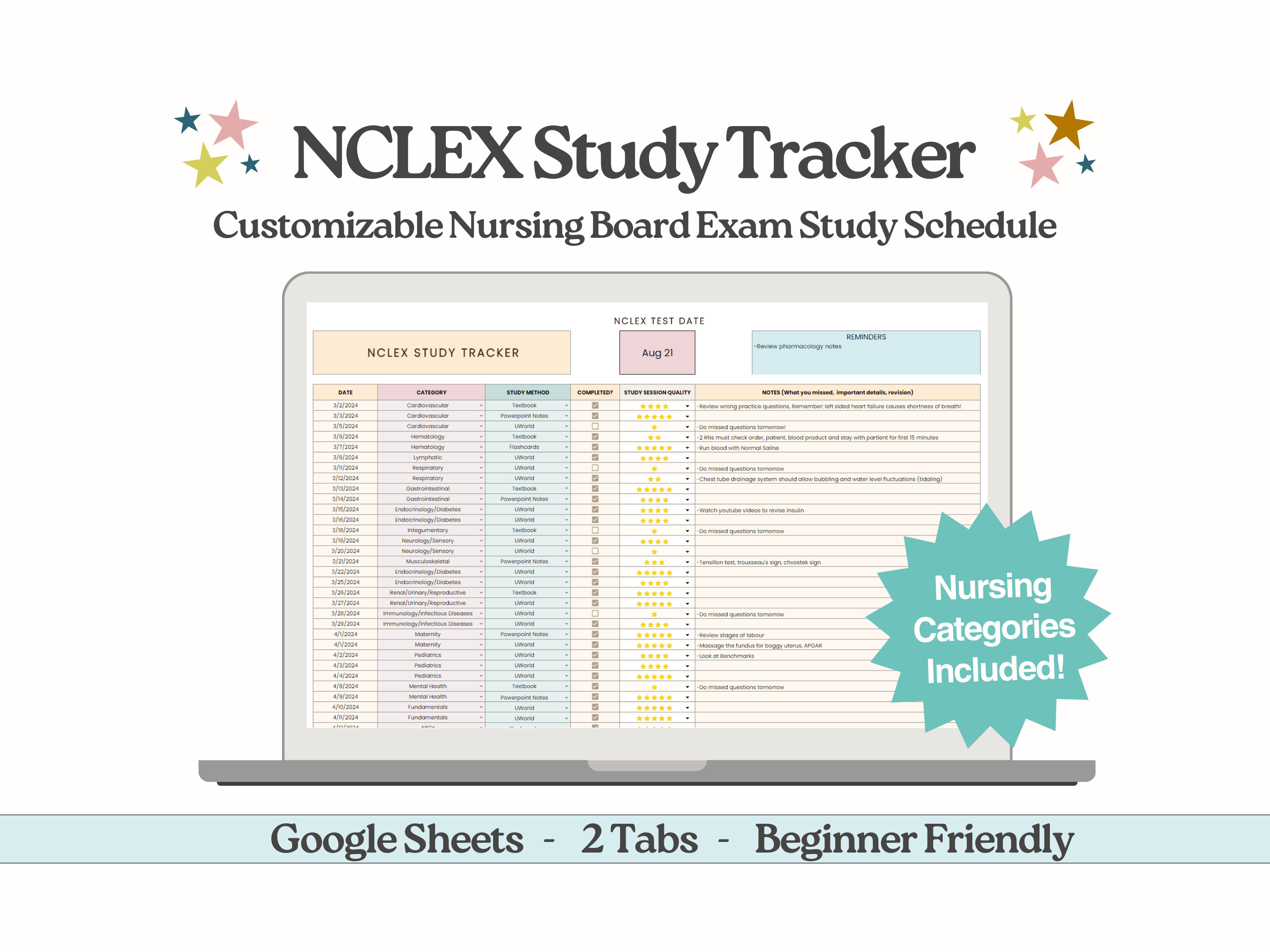 NCLEX Nursing Study Tracker | Google Sheets Study Planner ...