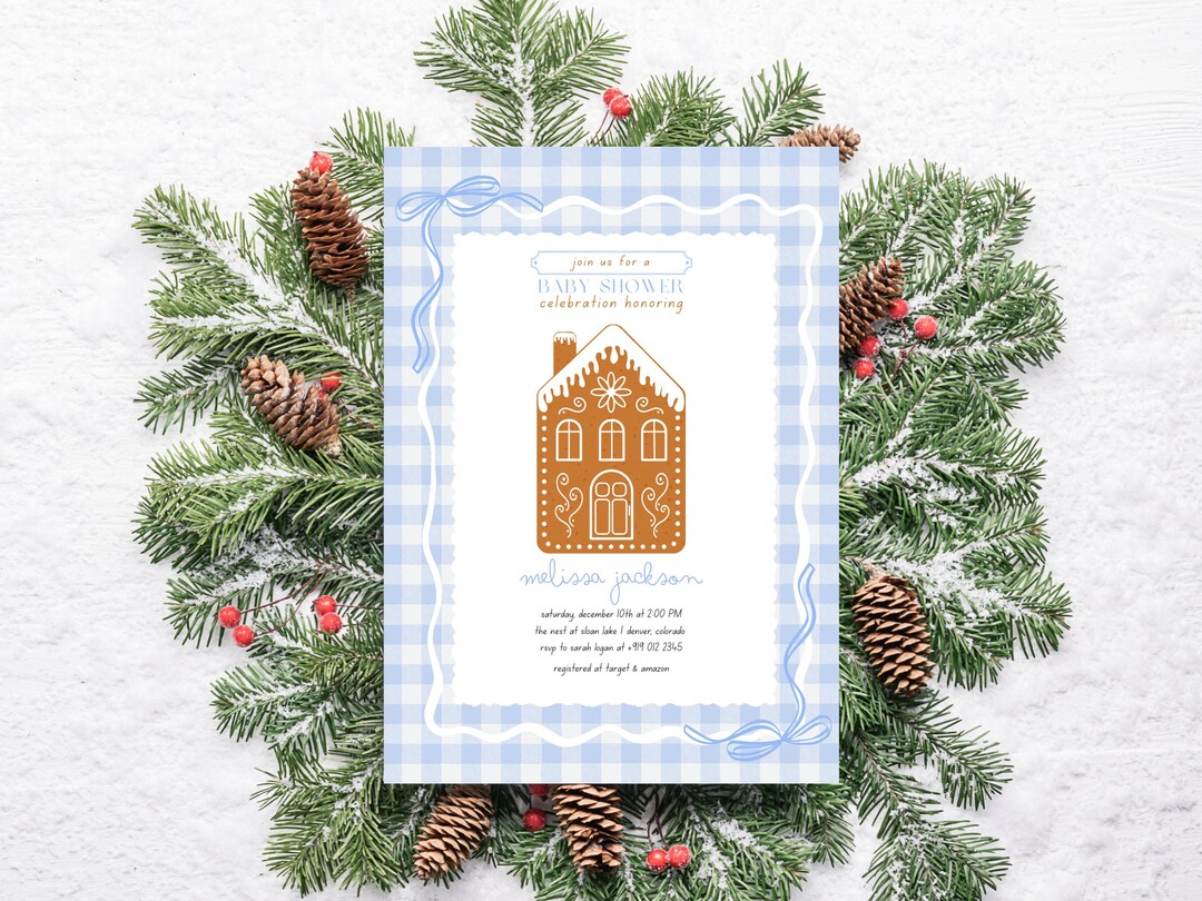Gingerbread House Baby Shower Invitation With a Bow, Blue Gingerbread ...