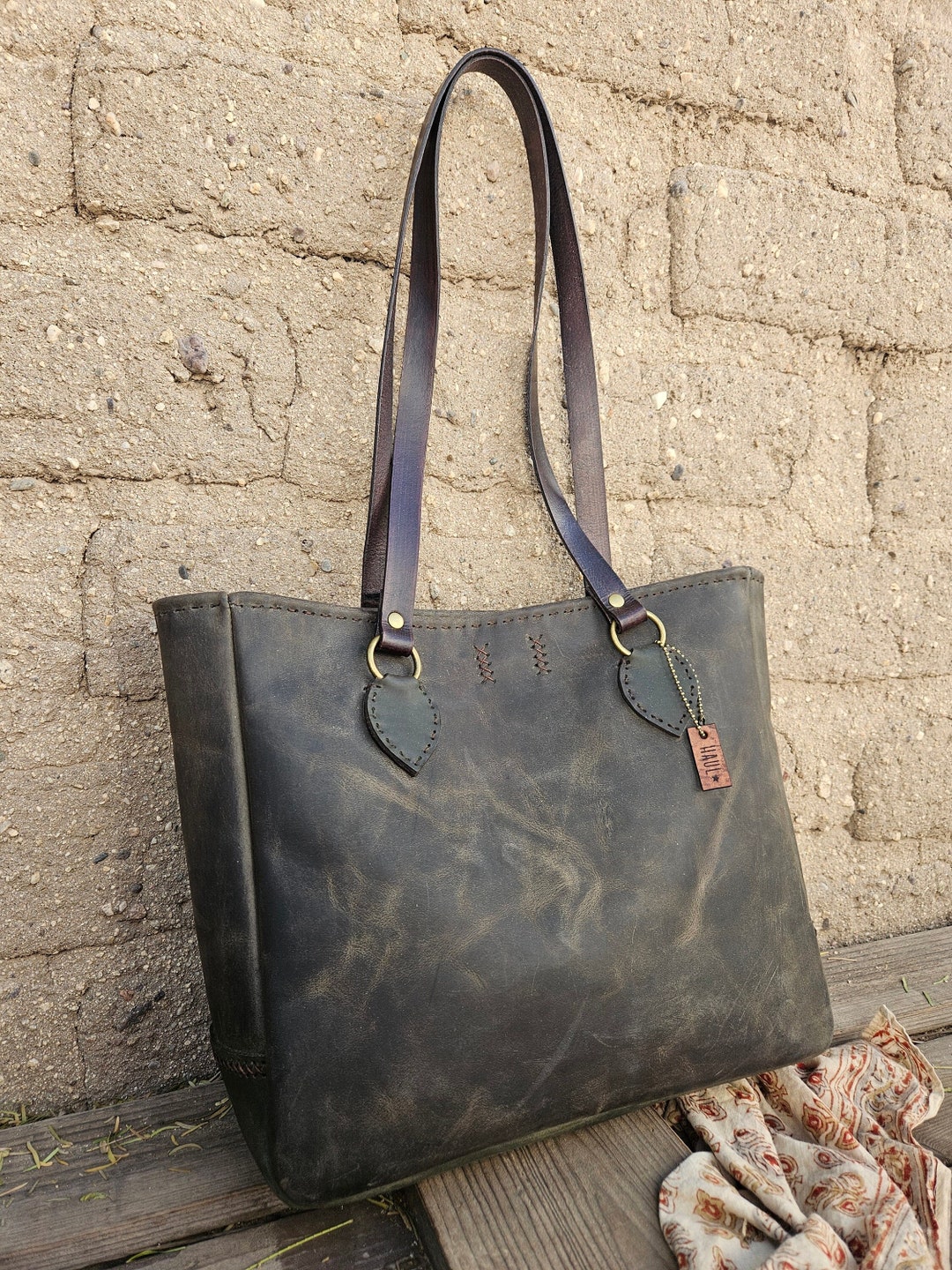 Hand Stitched Sage Green Leather Color Block Tote Bag / Medium / Large ...