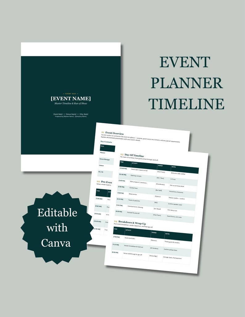 Editable Event Planner Timeline | Canva Master Run of Show (digital ...