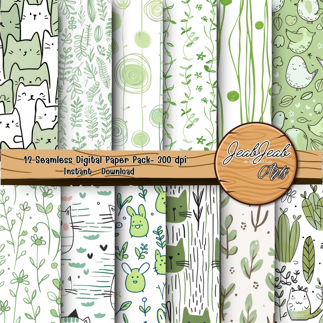 Green and White Doodle Digital Paper Pack, Seamless Digital Papers ...