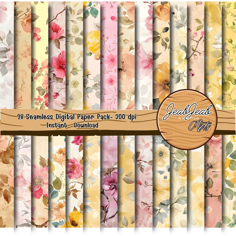 Pastel Floral Digital Paper Pack, Seamless Scrapbooking Papers, Pink ...