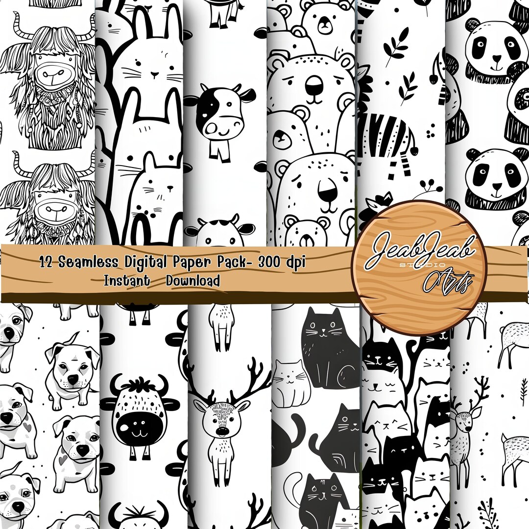 Black and White Animal Digital Paper Pack, Seamless Digital Papers ...