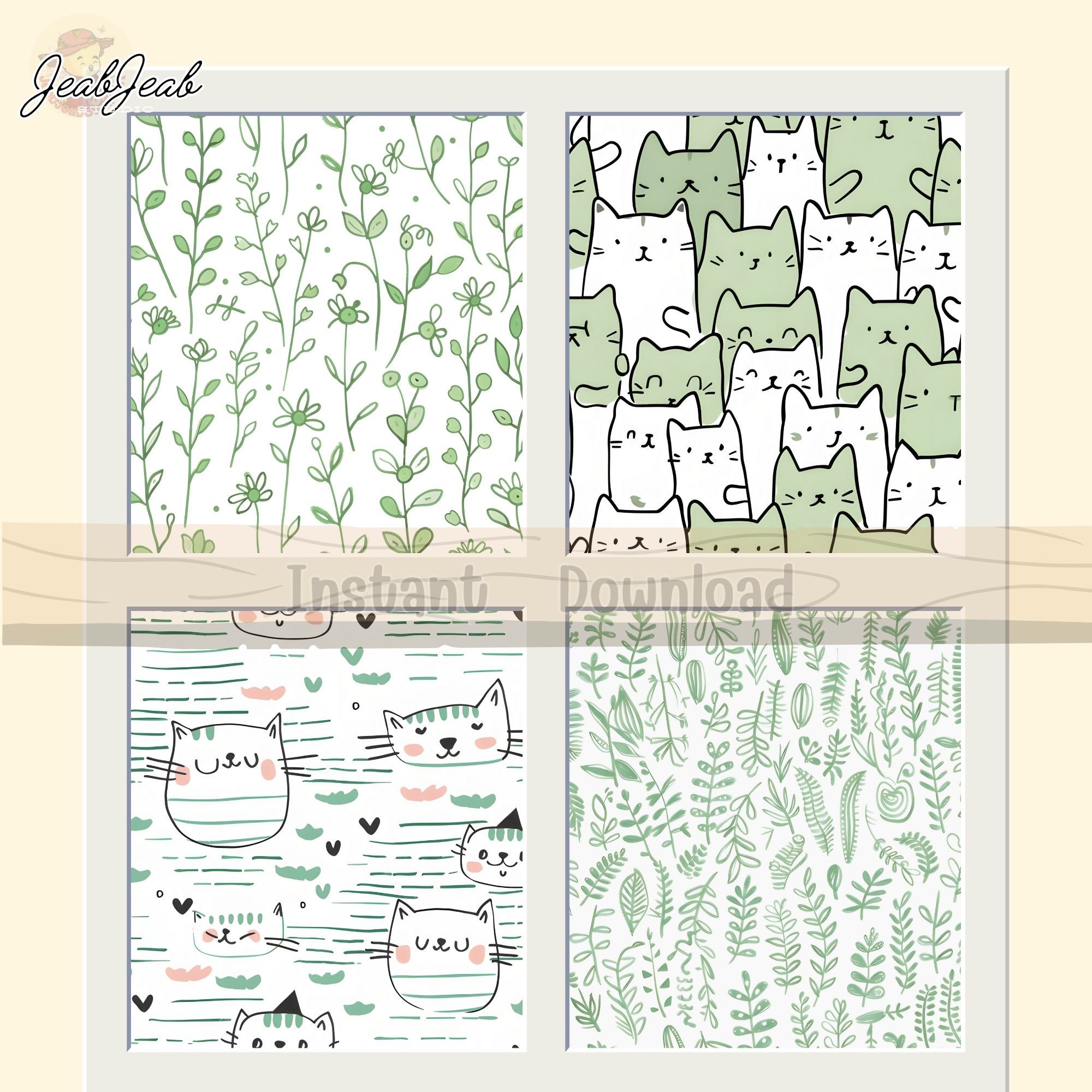 Green and White Doodle Digital Paper Pack, Seamless Digital Papers ...