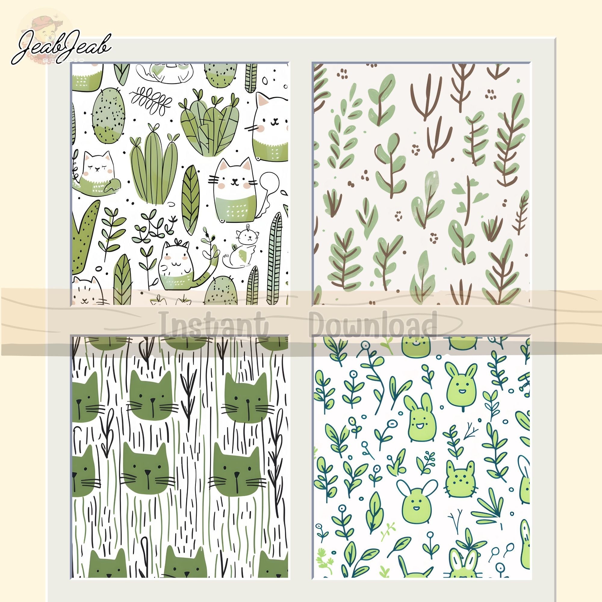 Green and White Doodle Digital Paper Pack, Seamless Digital Papers ...