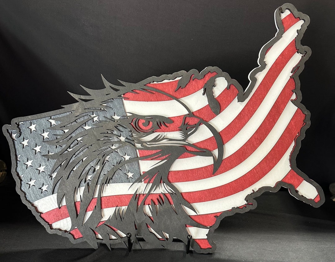 American Flag Map With Bald Eagle 3 Layer Wood Sign - Etsy