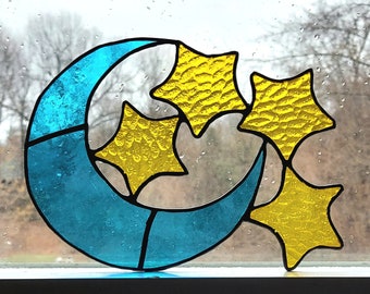 Standing Stained Glass Moon and Star Window Suncatcher Decor With ...