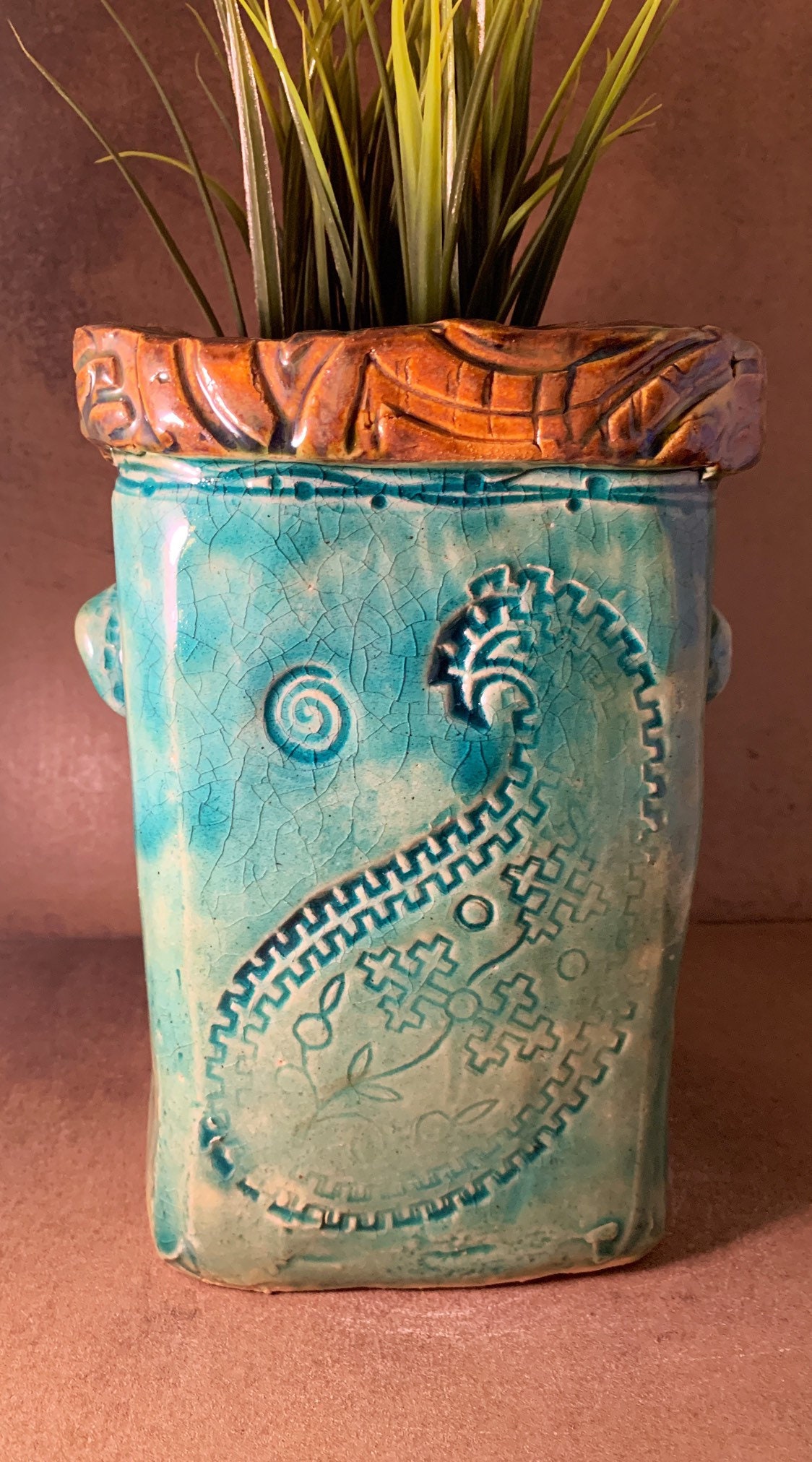 Large Face Planter - Aqua Crackle - Free US Shipping