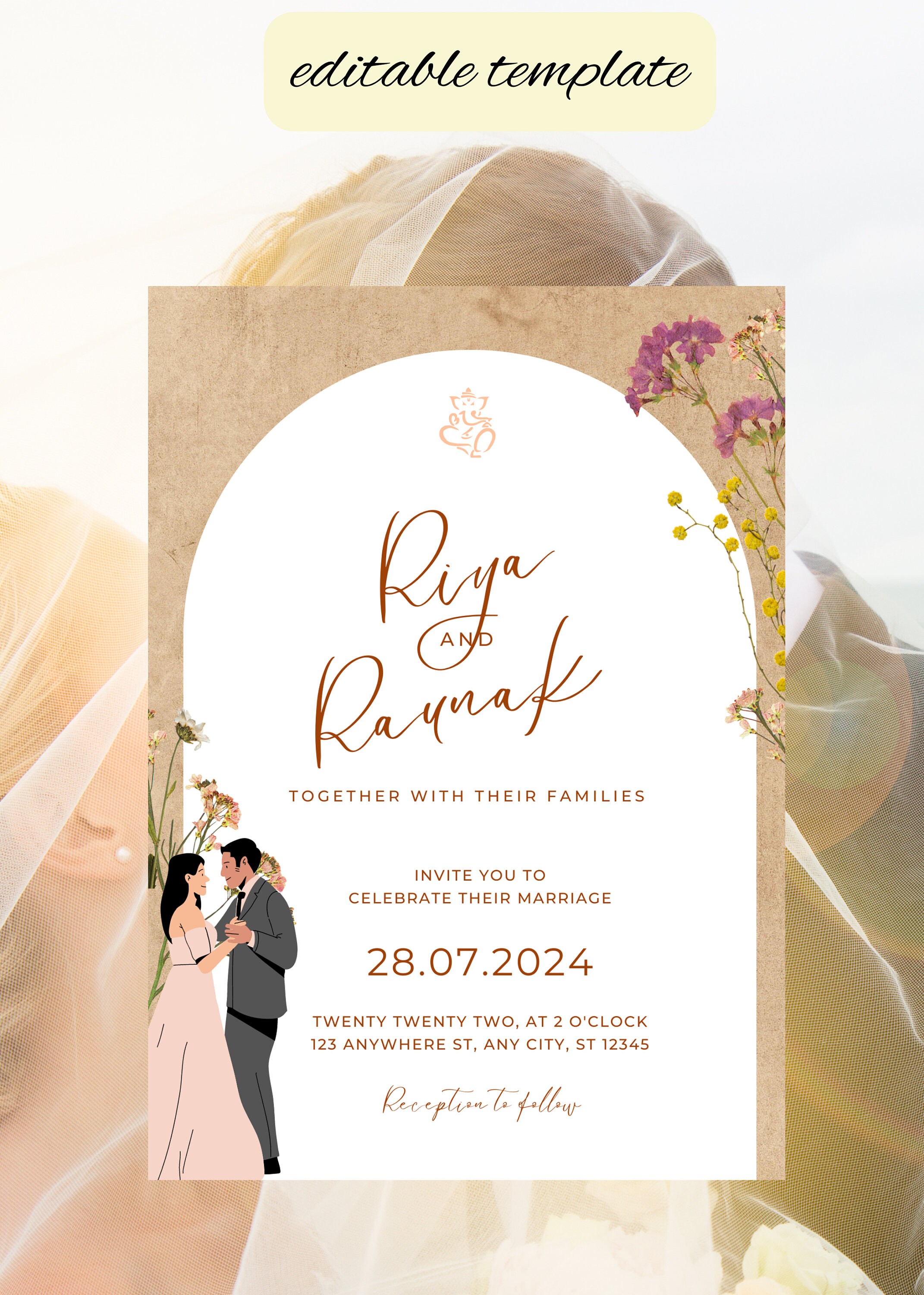 Editable Rustic Wedding Invitation Card Template | Minimalistic Brown ...