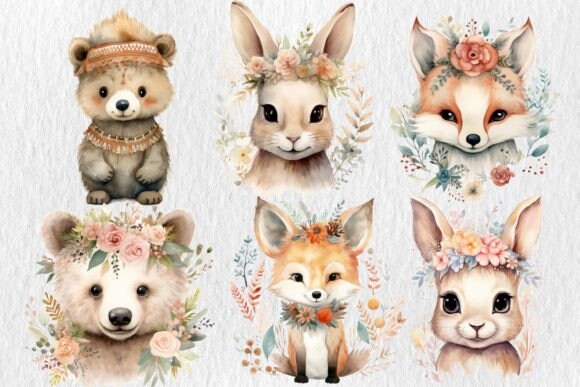 Dreamy Boho Woodland Animals Clipart Watercolor Sublimation Clip Art ...