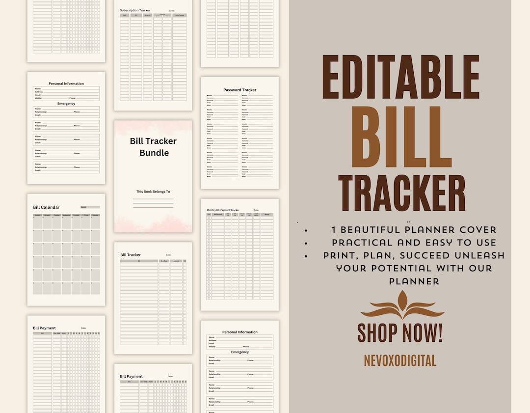 Bill Tracker Journal Template Personal Finance Organizer Budget Planner ...