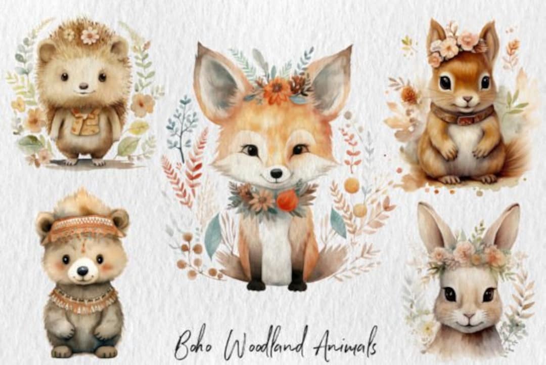 Dreamy Boho Woodland Animals Clipart Watercolor Sublimation Clip Art ...