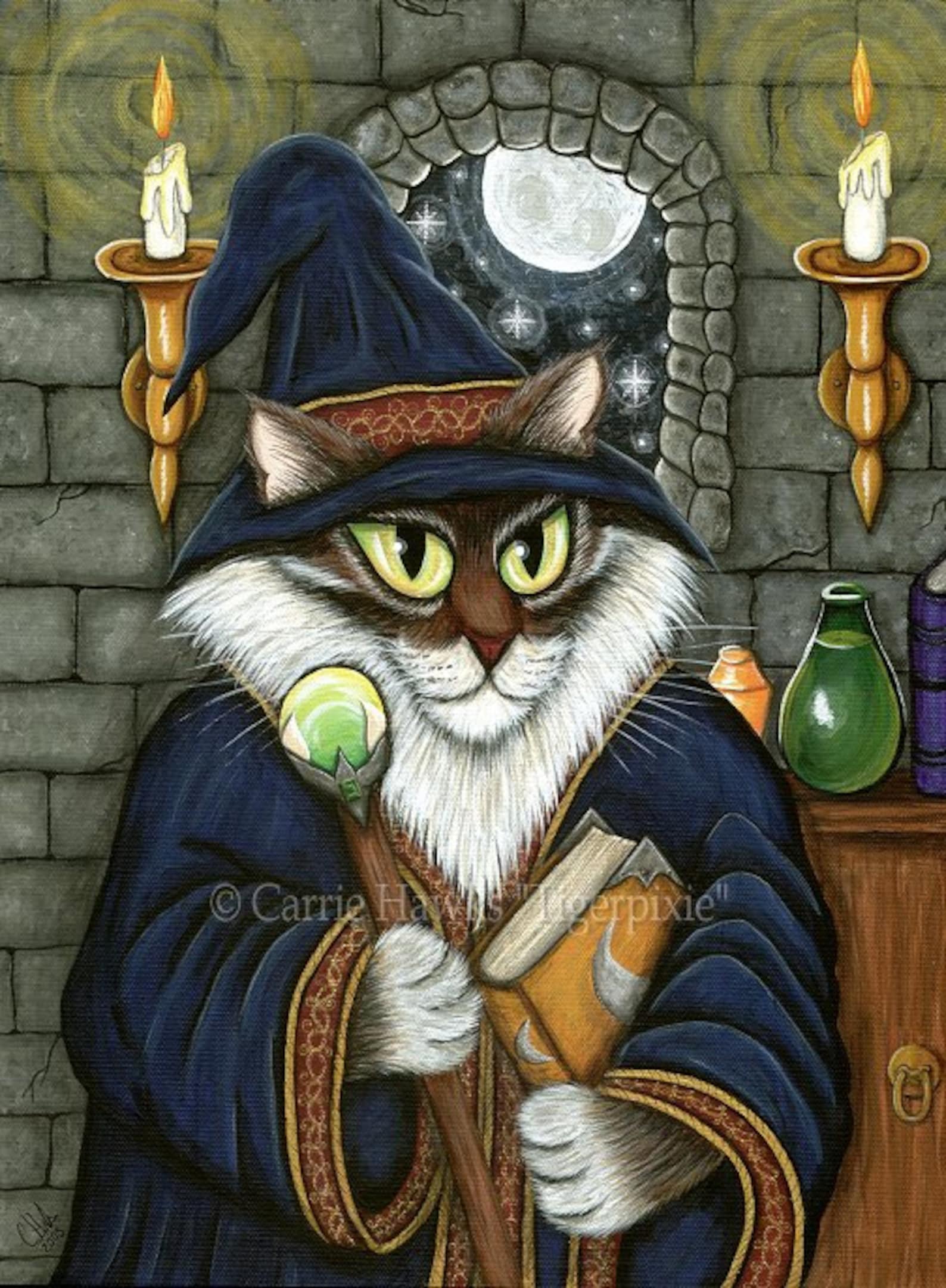 Cat Wizard Art Merlin Magician Cat Painting Magic Cat Sorcerer | Etsy