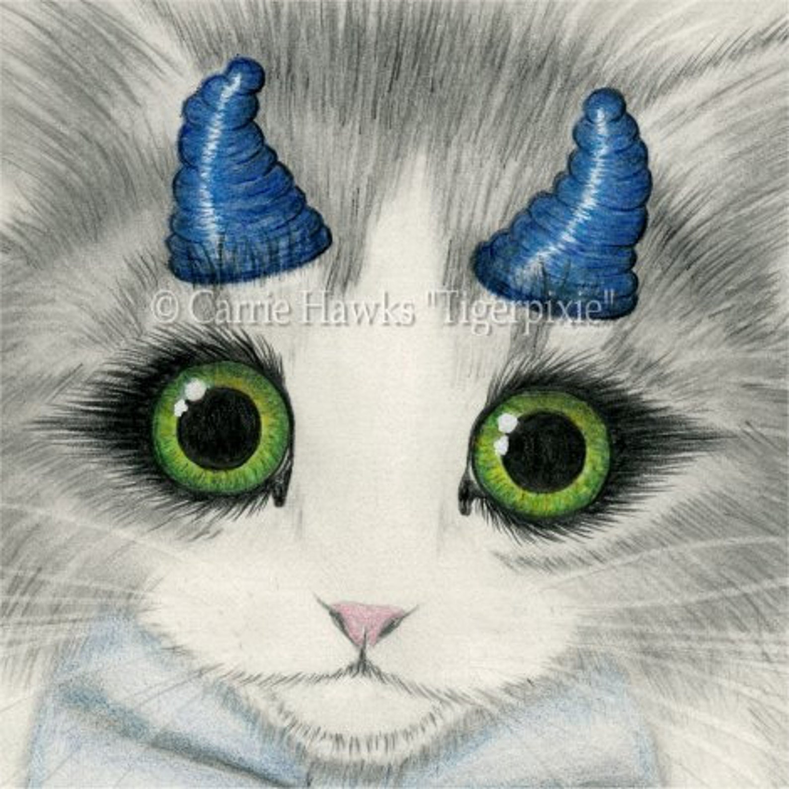 Cute Devil Kitten Cat Drawing Little Blue Horns Bow Tie Cat Big Eye Cat ...