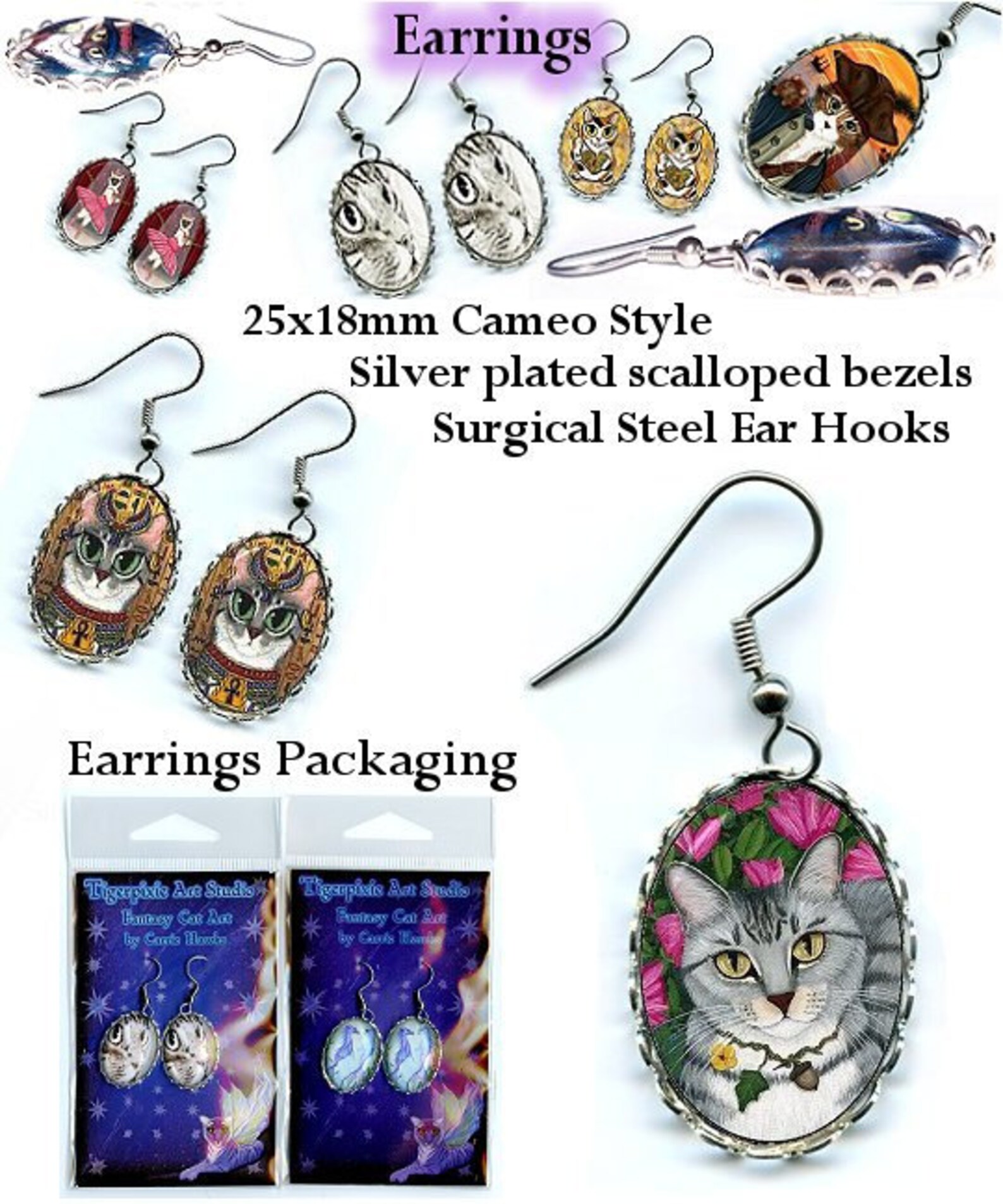 Wizard Cat Merlin Magician Gothic Fantasy Cat Art Cameo Earrings ...