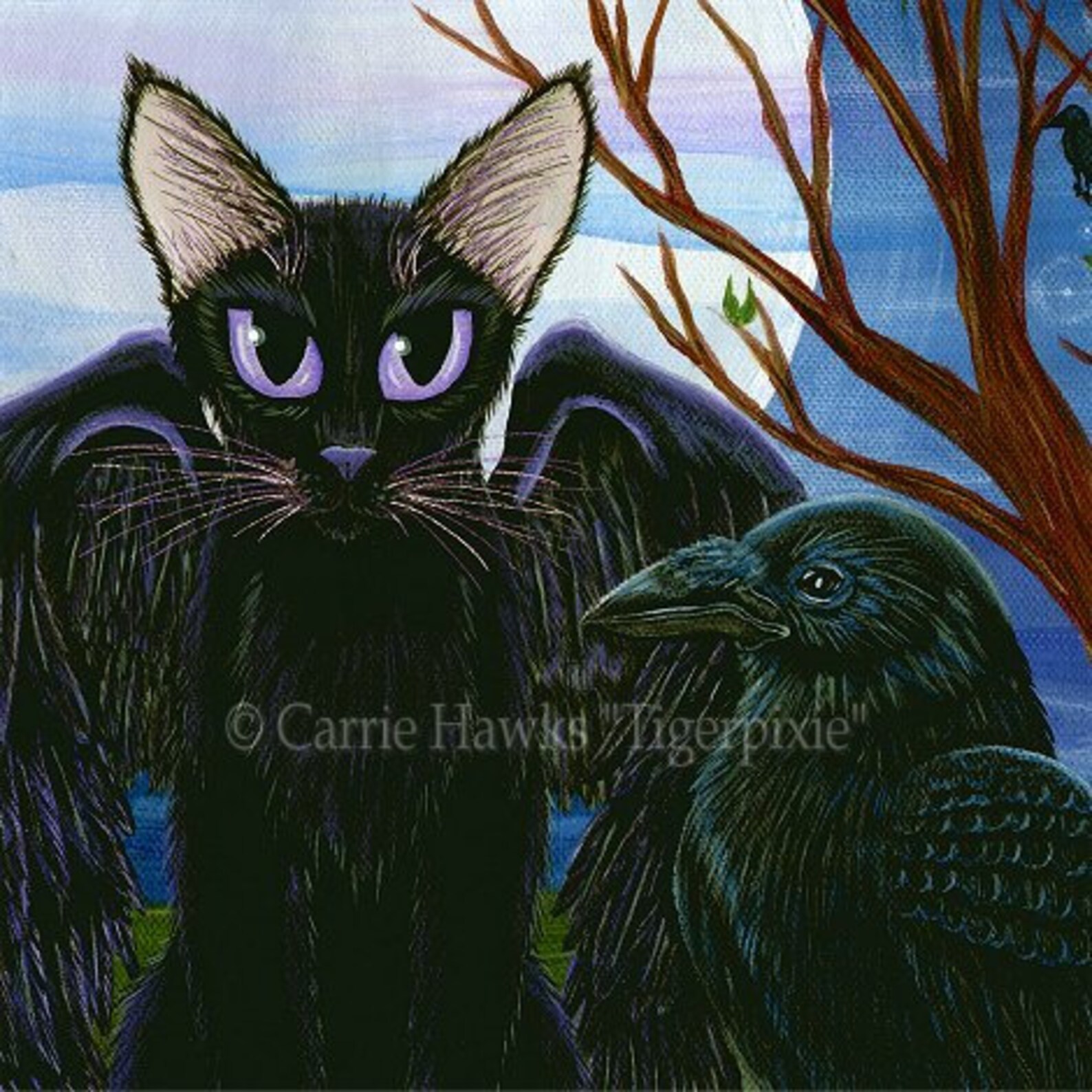 Black Cat Art Raven Cat Painting Goth Art Moon Crow Cemetery Gothic Cat ...