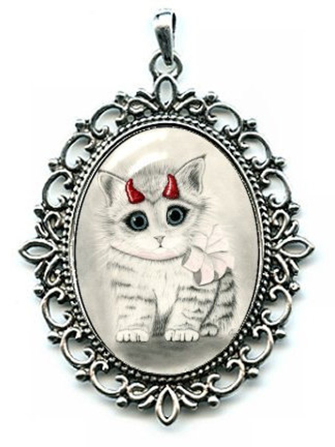 Cute Devil Kitten Necklace Red Horns Devil Cat Cameo Pendant Silver Cat ...