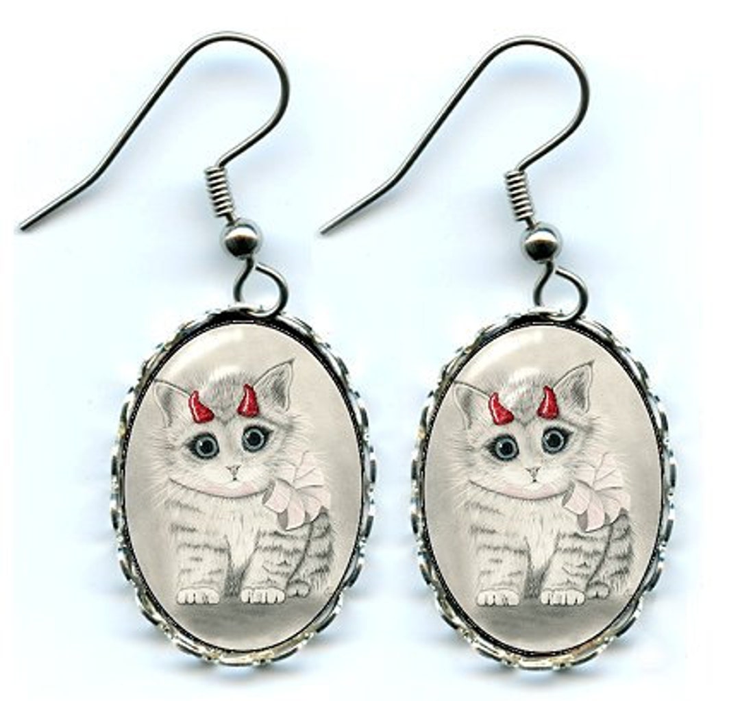 Cute Devil Kitten Earrings Red Horns Devil Cat Big Eye Cat Art - Etsy