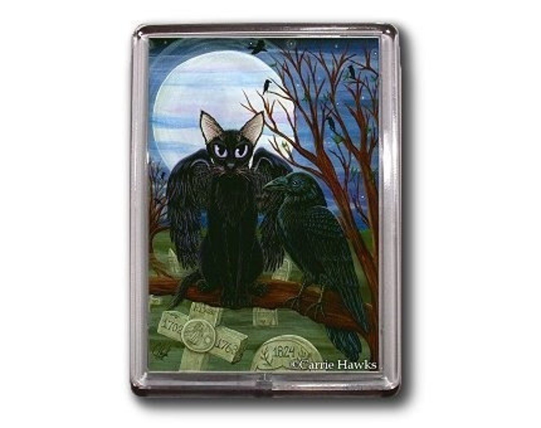 Black Cat Raven Magent Moon Crow Gothic Graveyard Fantasy Cat Art ...