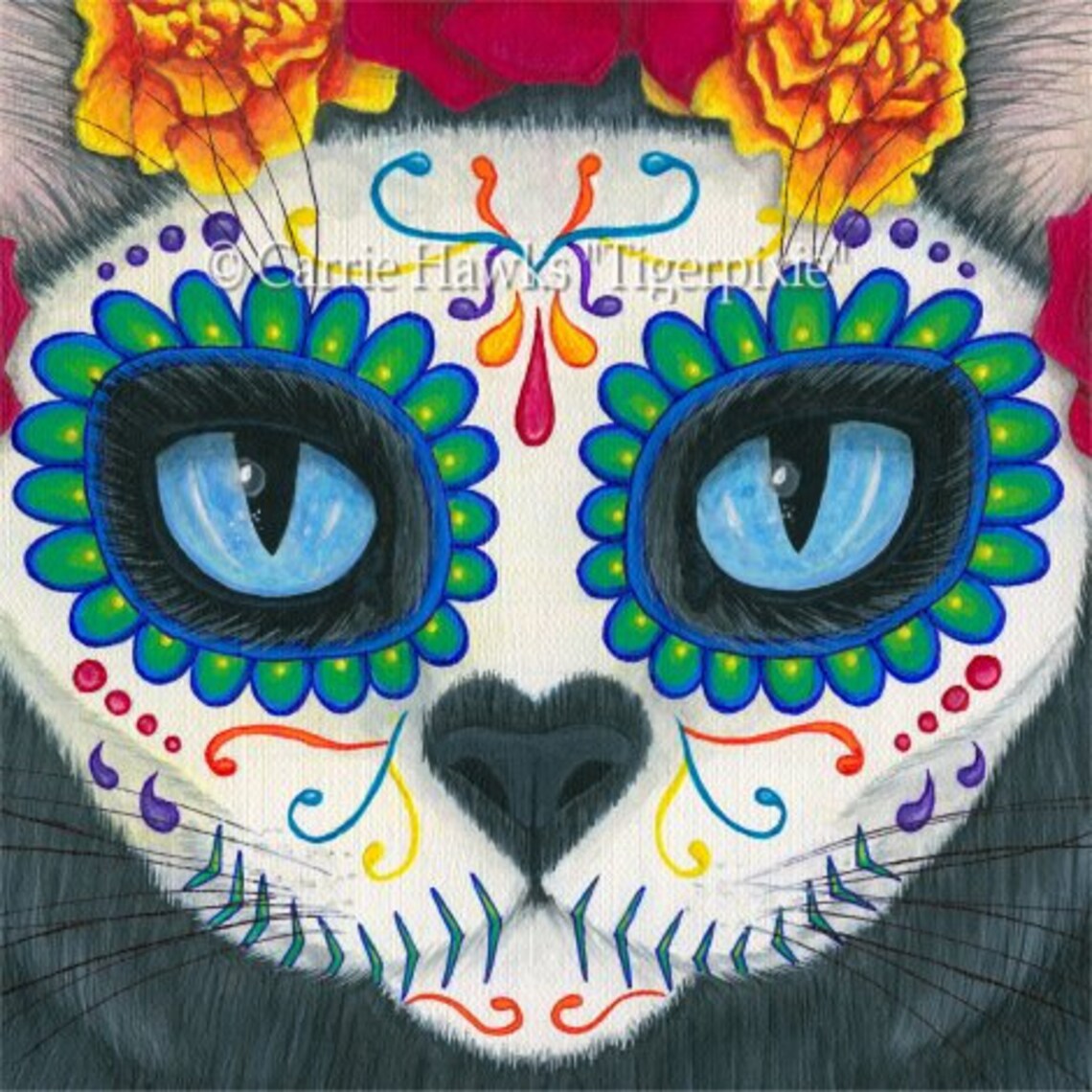 Mexican Sugar Skull Cat Day of the Dead Cat Art Black Cat - Etsy