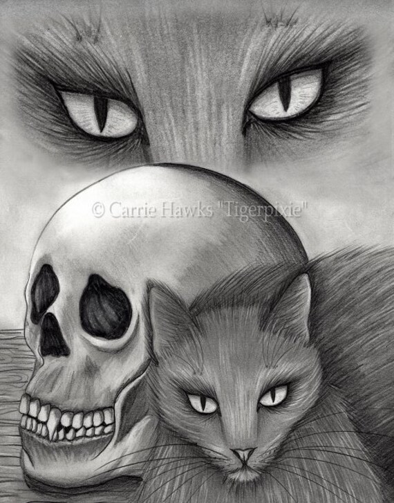 Black Cat Art Witch's Cat Drawing Vampire Skull Gothic Cat - Etsy