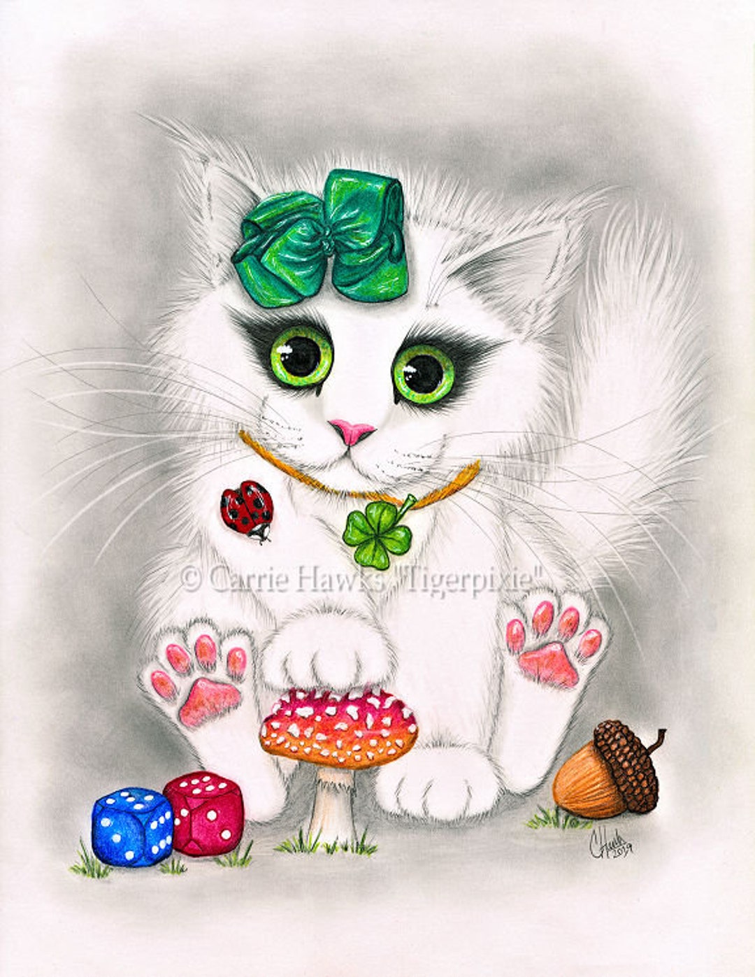 Cute Lucky Cat Drawing Good Luck Charms Big Eye Cat Art White Fluffy ...