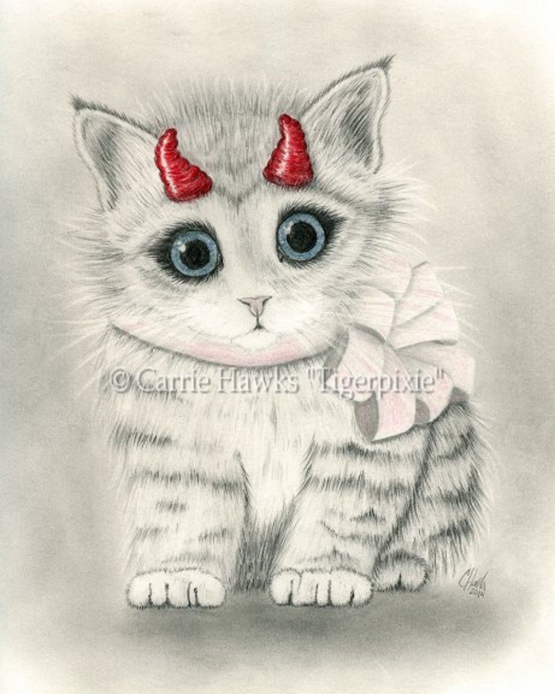 Cute Devil Kitten Cat Drawing Little Red Horns Big Eye Cat Art Kawaii ...