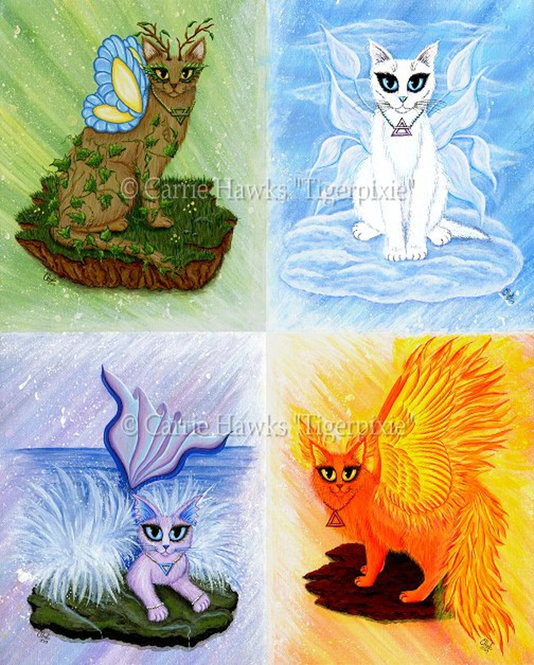 Elemental Fairy Cats Art Mermaid Cat Painting Earth Air Water Fire ...