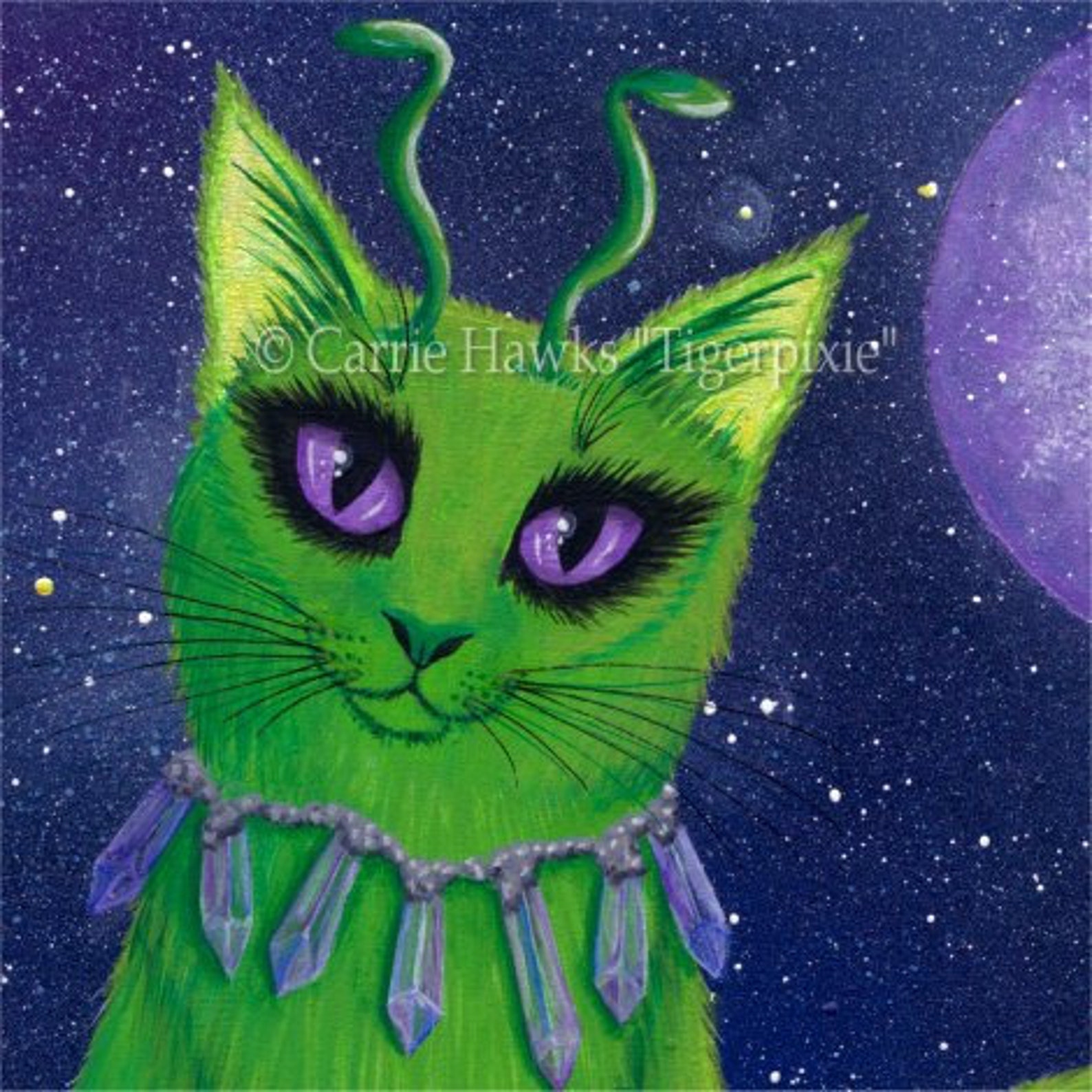 Alien Cat Art Cat Painting Space Cat Green Alien Cat Purple - Etsy