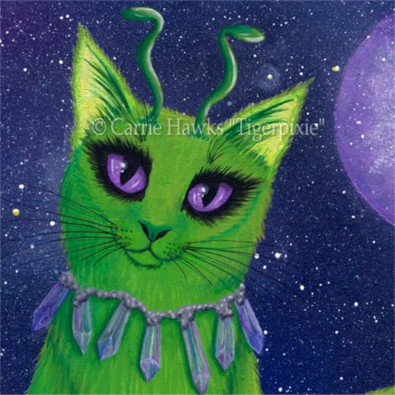 Alien Cat Art Cat Painting Space Cat Green Alien Cat Purple - Etsy