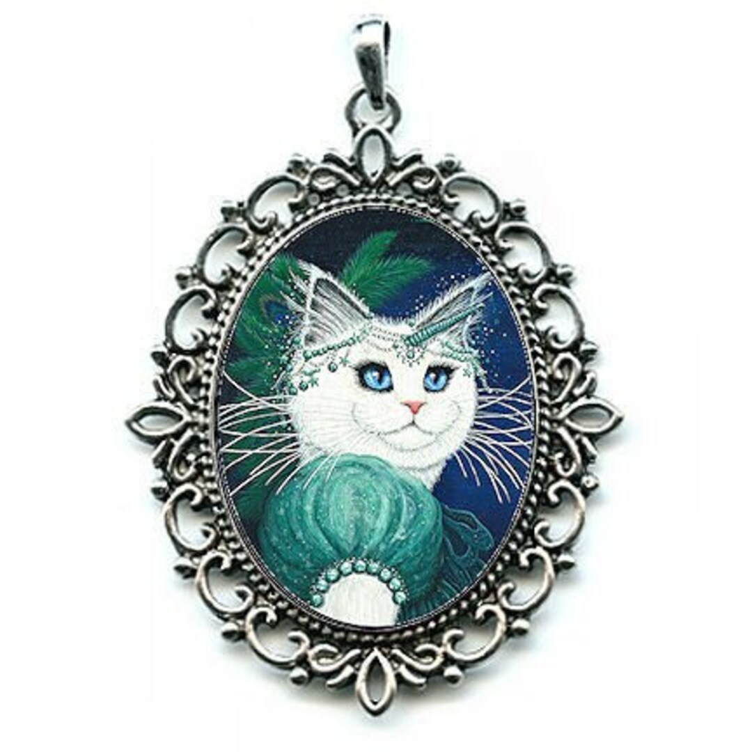 White Cat Princess Necklace Isadora Cat Peacock Feathers - Etsy